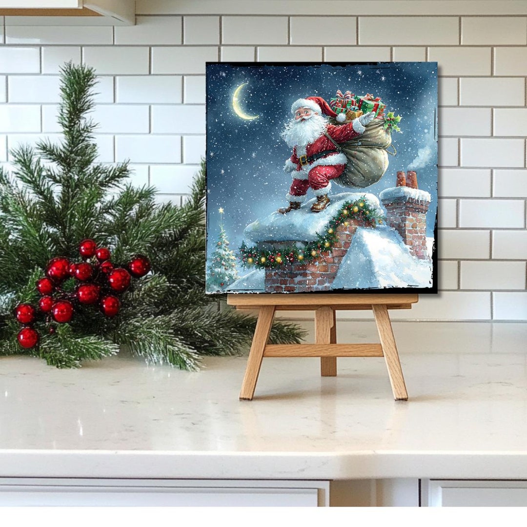 Christmas Santa Wood Sign With Easel, Snowy Rooftop Christmas Scene ...