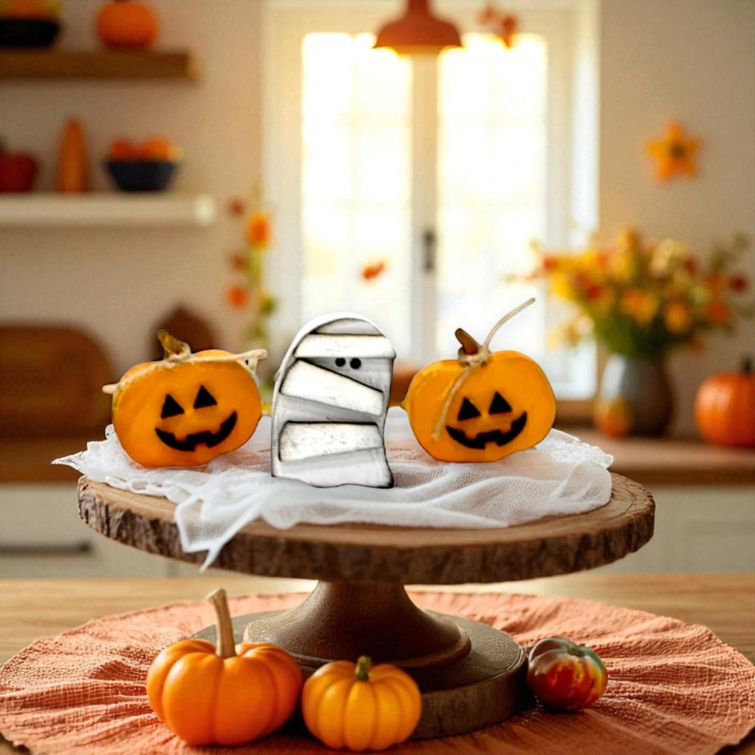 Mini Wood Ghost and Pumpkin Set, Halloween Tiered Tray Decor, Fall ...