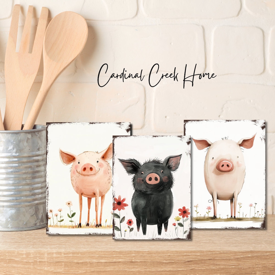 Whimsical Pig Art on Wooden Blocks for Rustic Farmhouse Accents Country ...
