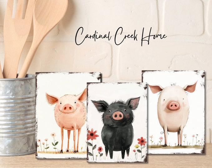 Whimsical Pig Art on Wooden Blocks for Rustic Farmhouse Accents Country ...