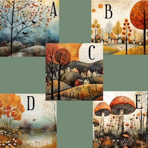 Whimsical Fall Folk Art, Wood Block Prints, Primitive Mini Art, Autumn ...