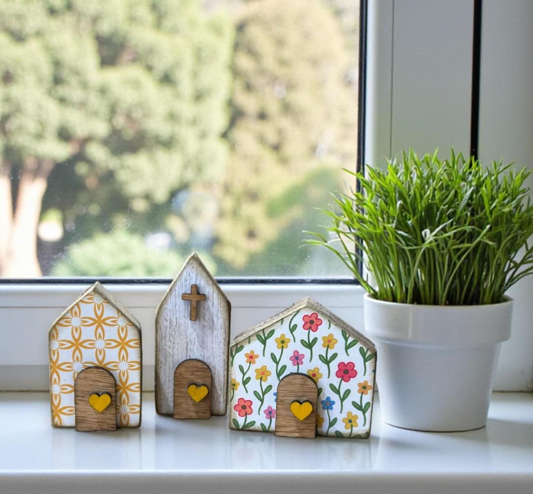 Mini Wooden Spring Village Decor – Cottage Houses With Church, Easter ...