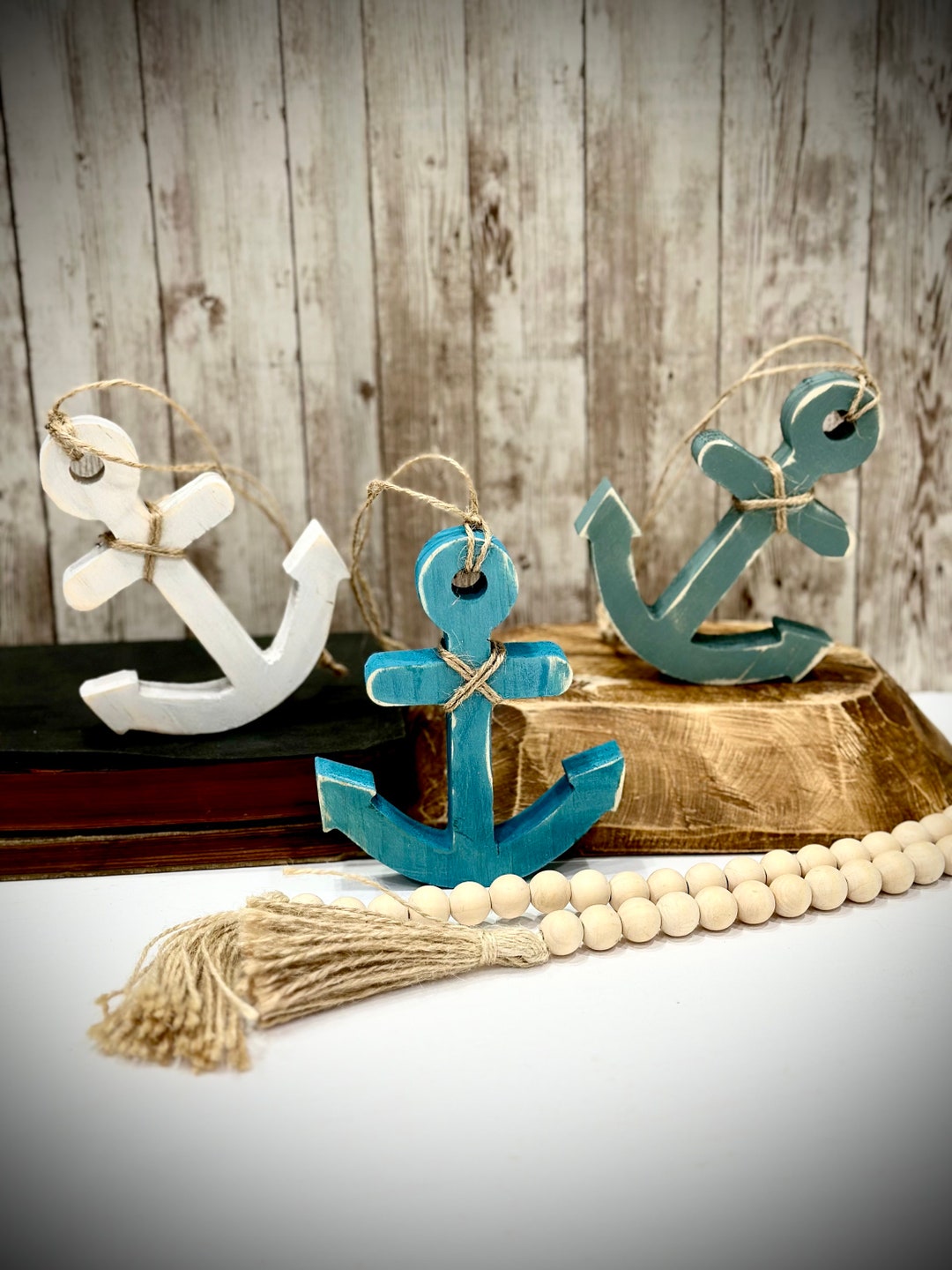 Wood Anchors, Rustic Coastal Decor, Beach House Accents, Summer Tiered ...