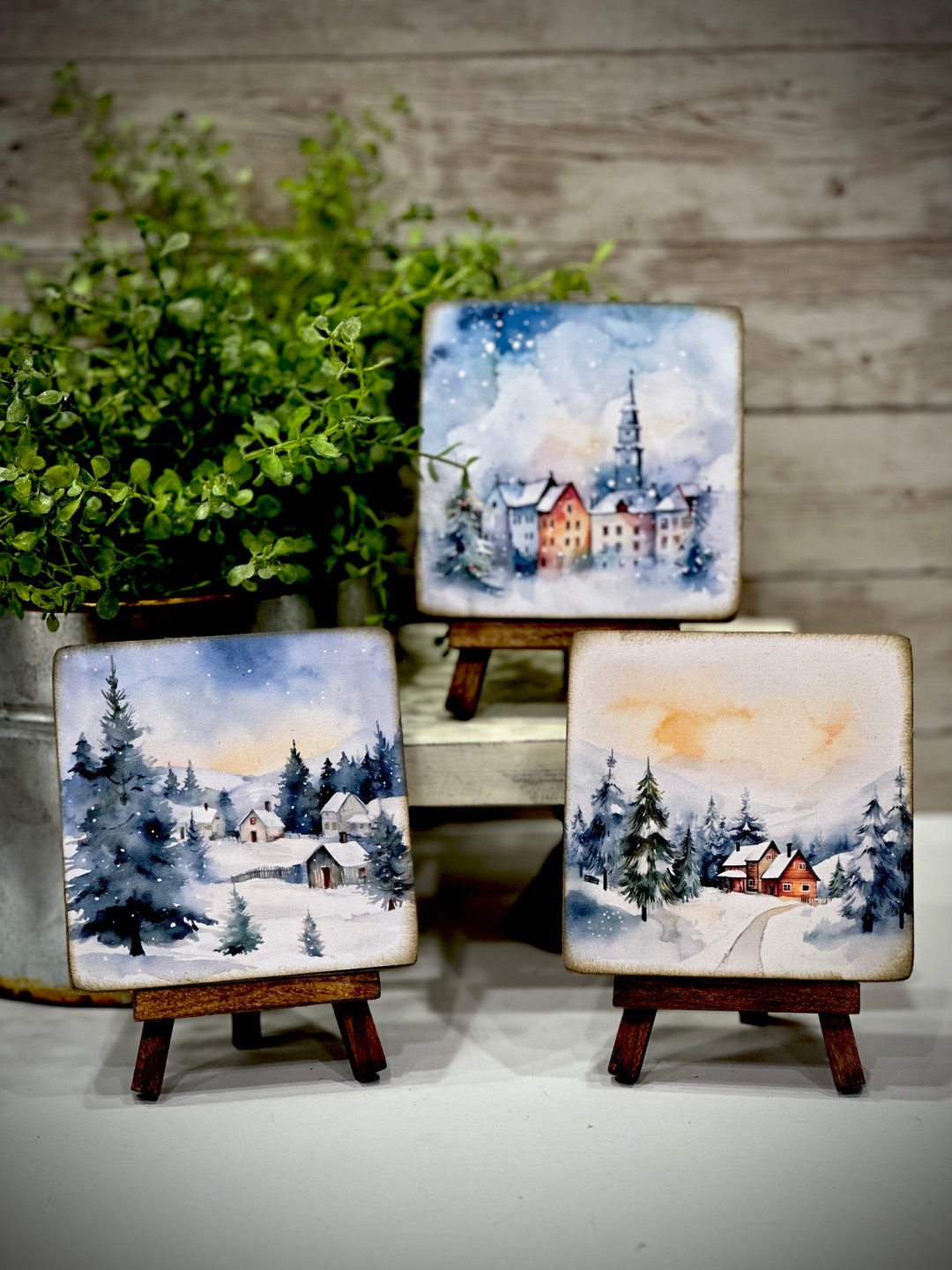 Winter Art Scene With Easel for Christmas Display, Watercolor Winter ...