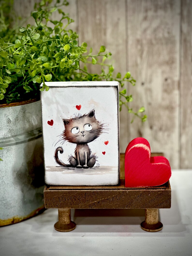 Valentine Cat Wood Sign | 3x4 Freestanding Cat Decor | Whimsical Cat ...