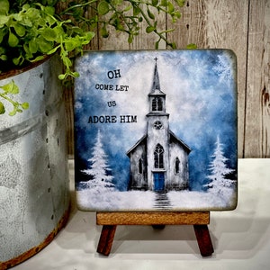 Rustic Winter Church Wood Plaque Sign With Easel, Cozy Winter Landscape ...