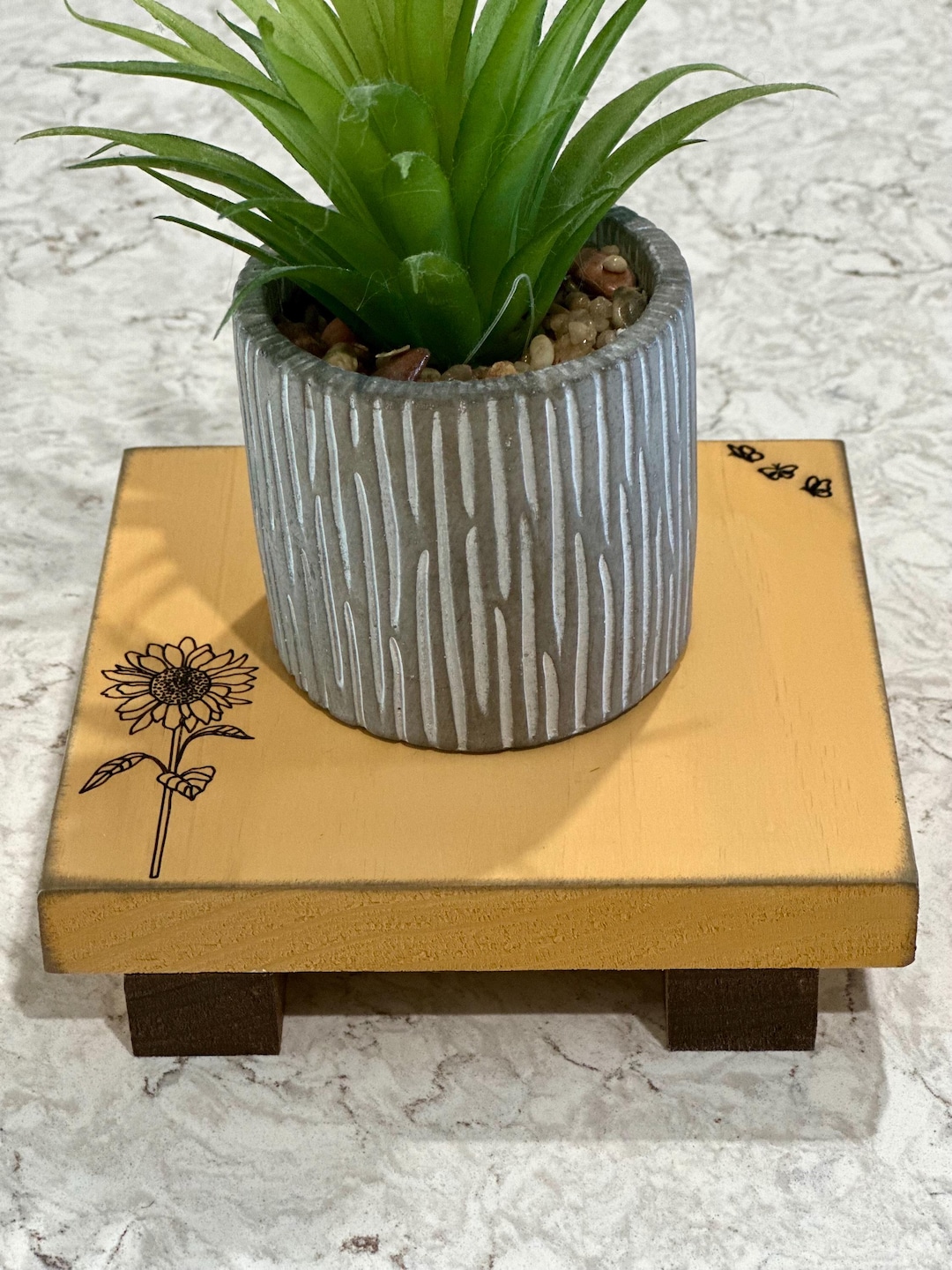 Sunflower Engraved Wood Riser, Yellow Distressed Pine Riser, Farmhouse ...