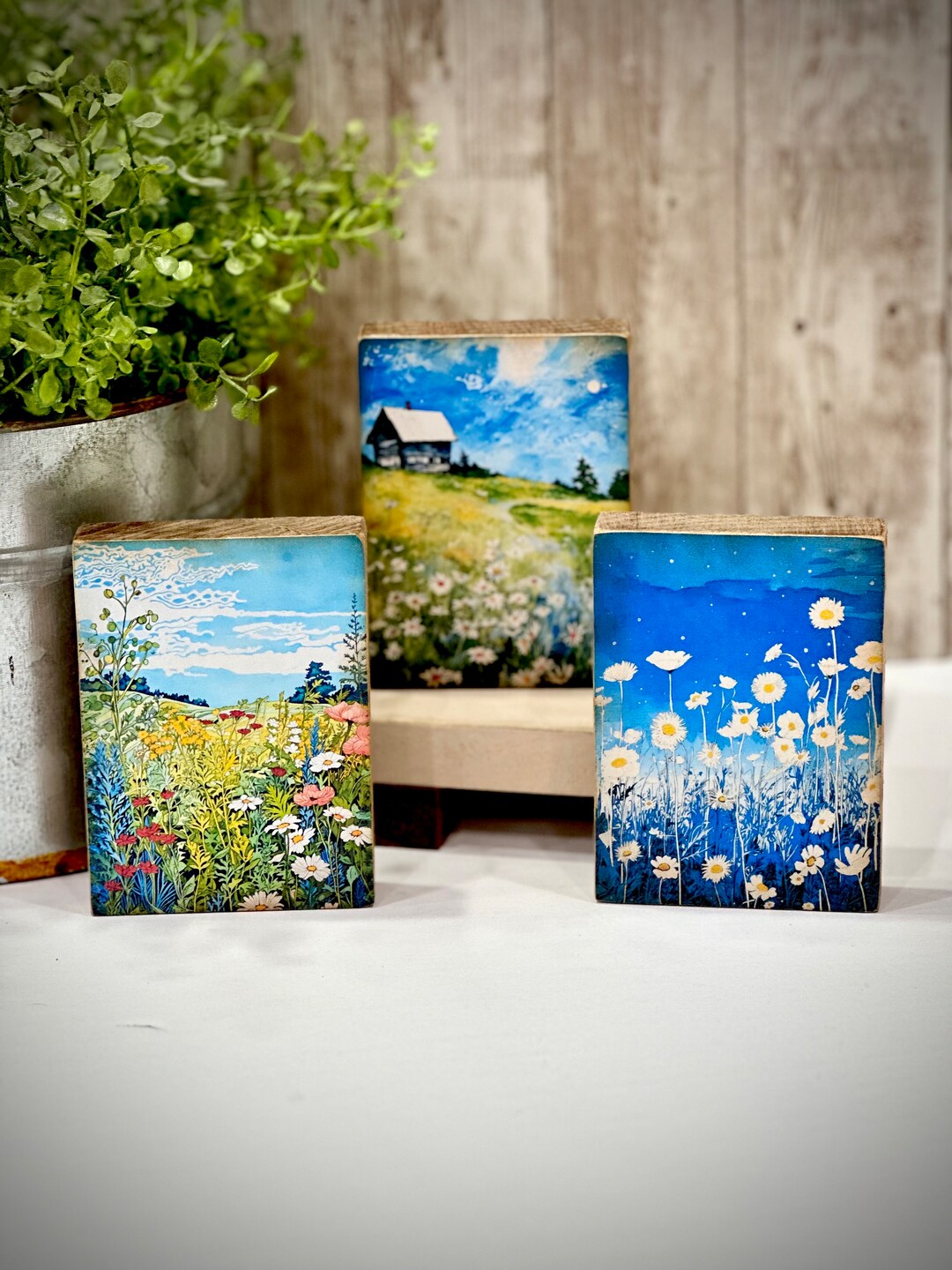 Spring Blue Landscape Wood Block Signs, Rustic Decor for Farmhouse ...