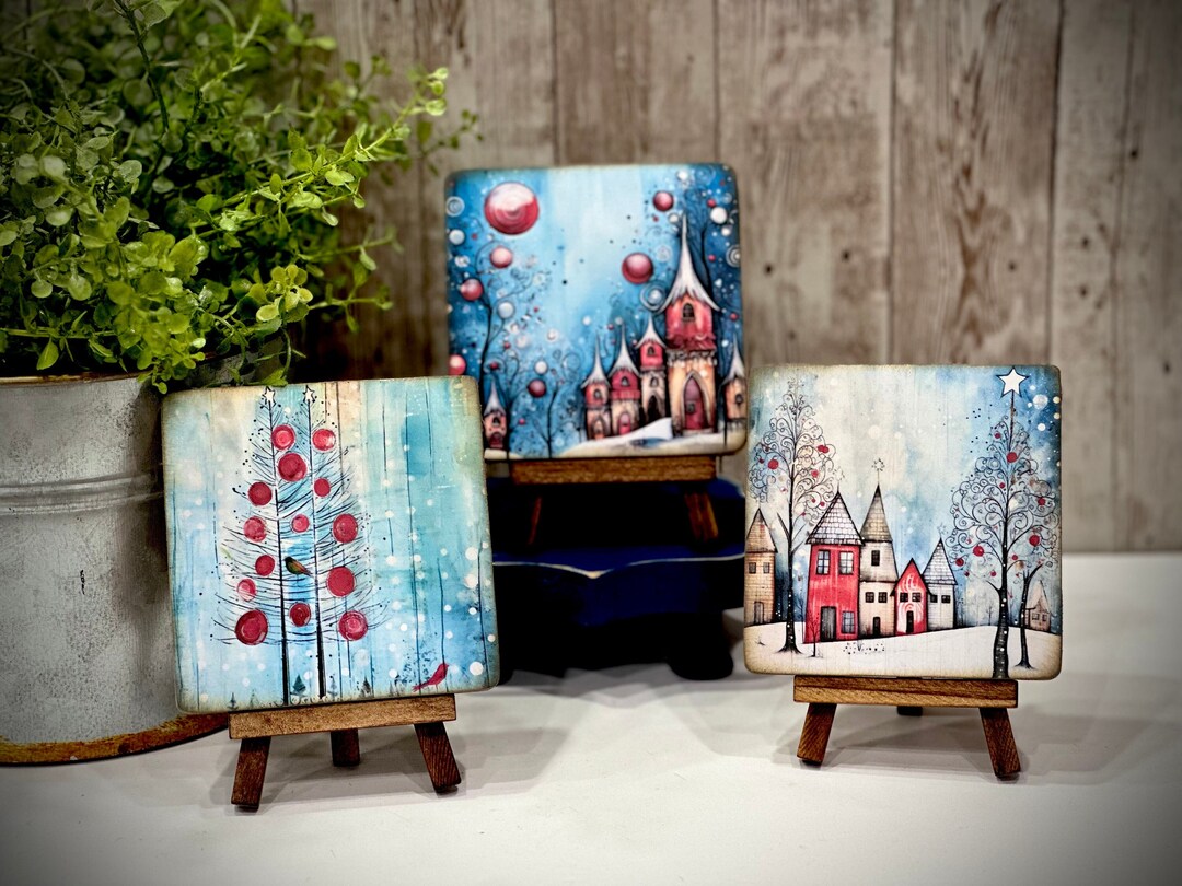 Whimsical Christmas Folk Art,wood Block Prints,primitive Mini Art ...