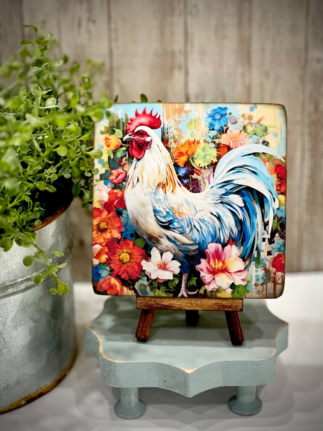 Wooden Rooster Signs With Easles | Colorful Farmhouse Decor | Rustic ...