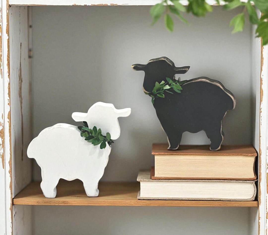 Rustic Wooden Lamb, Black and White Sheep,farmhouse Spring Shelf Sitter ...