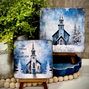 Rustic Winter Church Wood Plaque Sign With Easel, Cozy Winter Landscape ...
