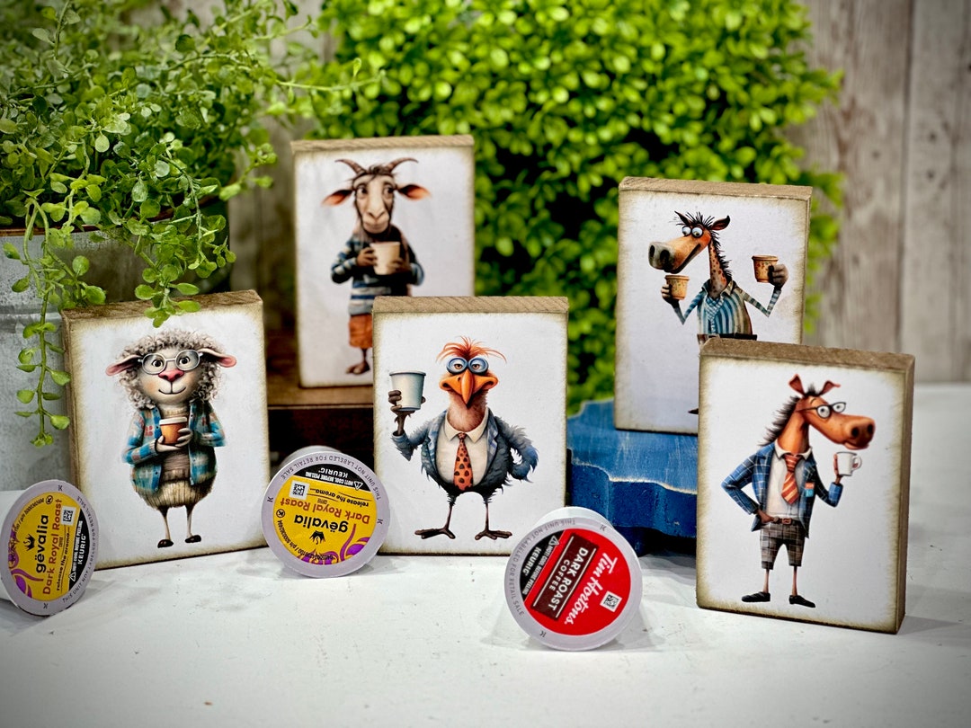 Humorous Coffee Bar Decor, Animals Drinking Coffee , Mini Wood Block ...