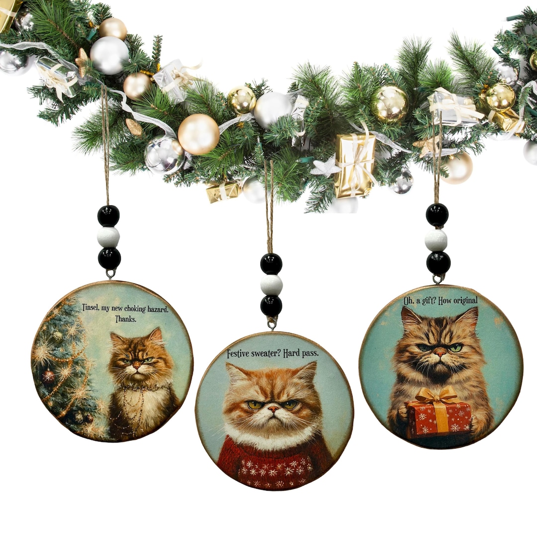 Christmas Cat Ornament for Tree, Wooden Grumpy Cat Ornament With Jute ...