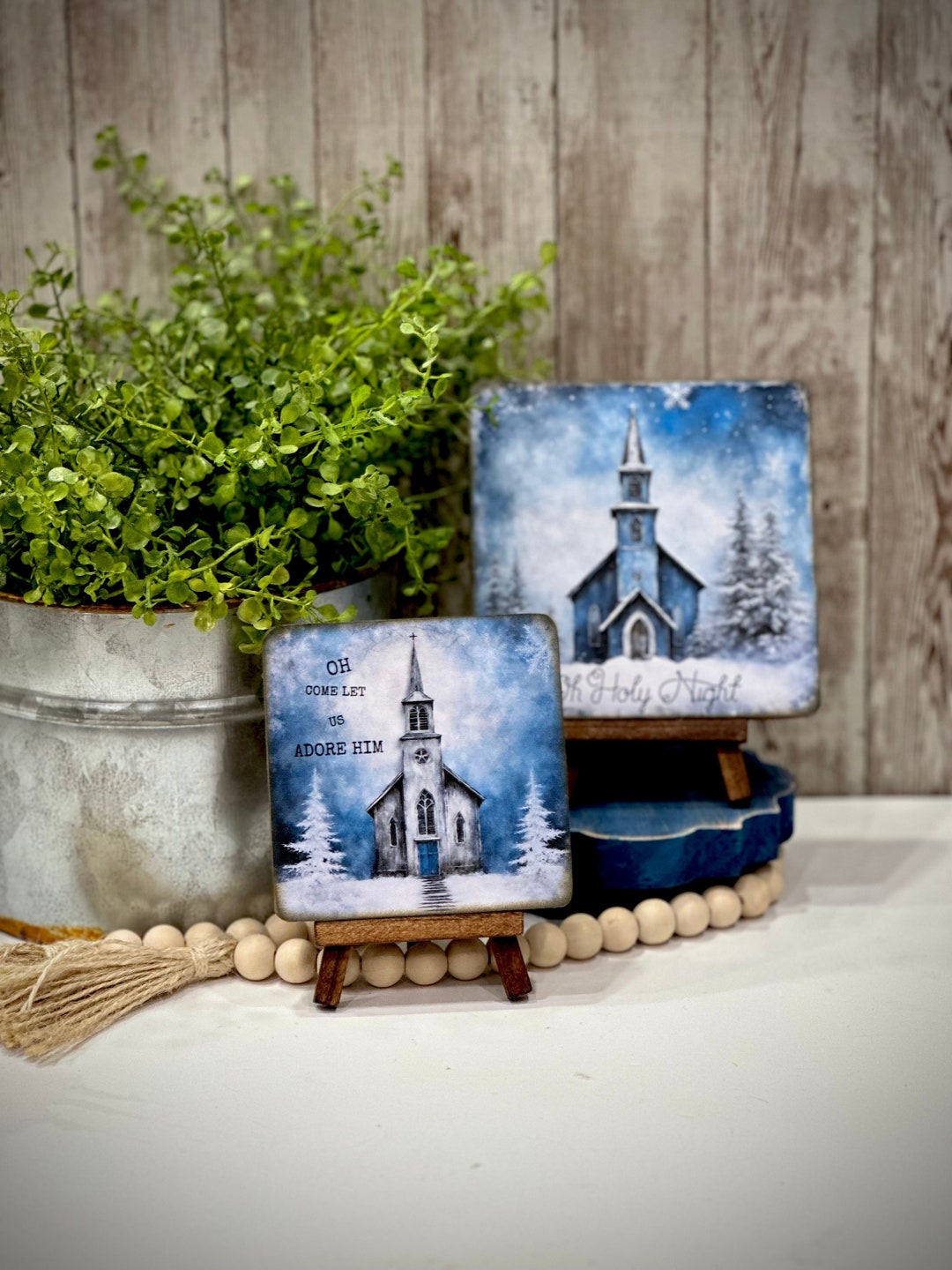 Rustic Winter Church Wood Plaque Sign With Easel, Cozy Winter Landscape ...