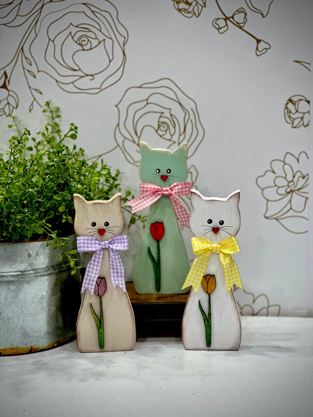 Tall Wooden Cats Whimsical, Spring Cats,feline Decor, Cat Lovers, Cat ...