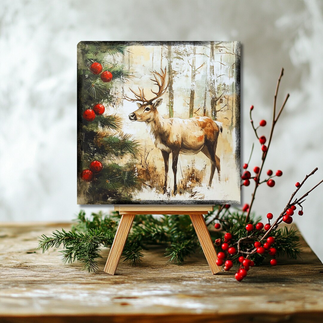 Rustic Christmas Sign With Matching Easel, Deer in the Woods Art, Buck ...