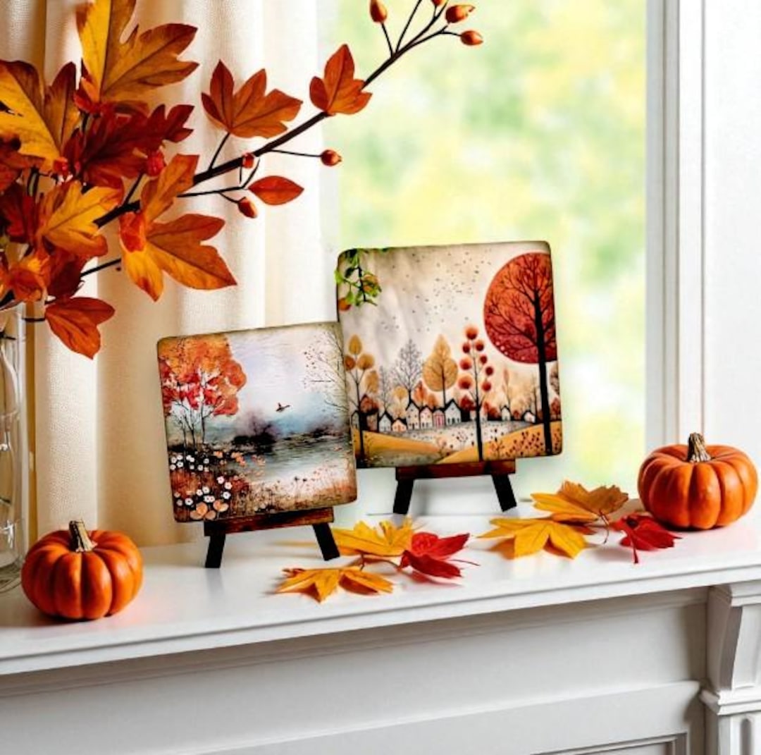 Whimsical Fall Folk Art, Wood Block Prints, Primitive Mini Art, Autumn ...