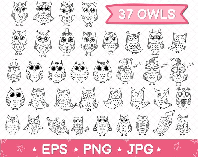 Owls Clipart Bundle Png Eps Jpg Black and White Owls Package - Etsy