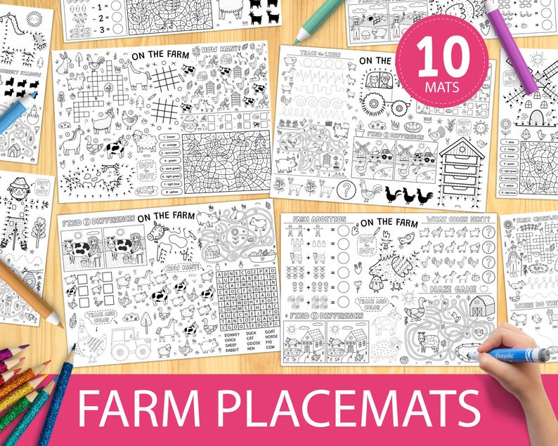 Farm Activity Placemats DIGITAL, on the Farm Coloring Activity Mats ...