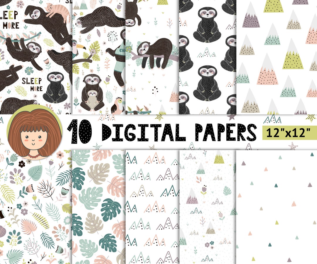 Sloth Digital Paper Pack, Scandinavian Scrapbook Pages, Sloth Patterns ...