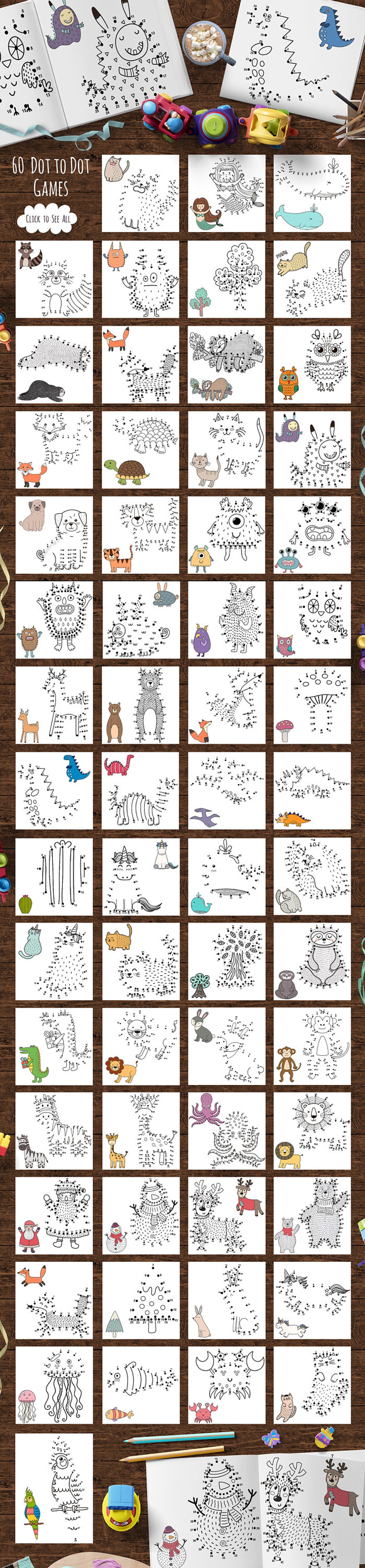 60 Dot to Dot Drawing Games Bundle for Kids Printable Puzzles Connect ...