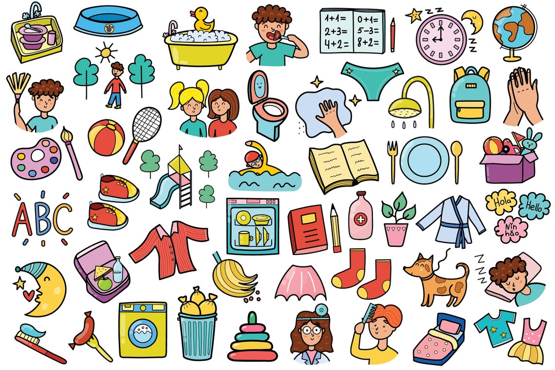 Kids Chores Clipart, Daily Routine Icons in Color and in Outline, chore ...