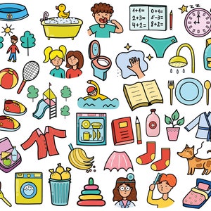 Kids Chores Clipart, Daily Routine Icons in Color and in Outline, chore ...