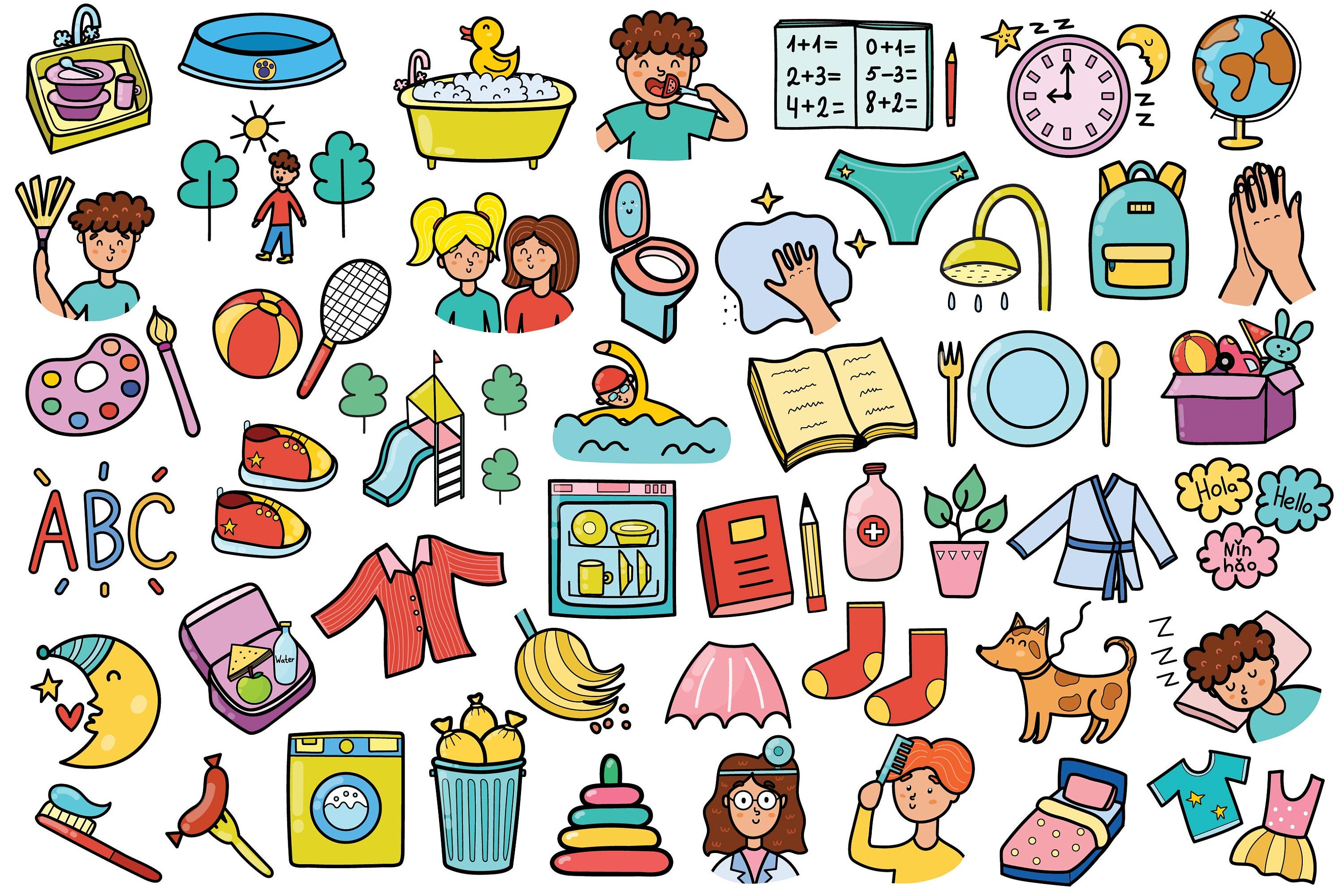 Kids Chores Clipart, Daily Routine Icons in Color and in Outline, chore ...