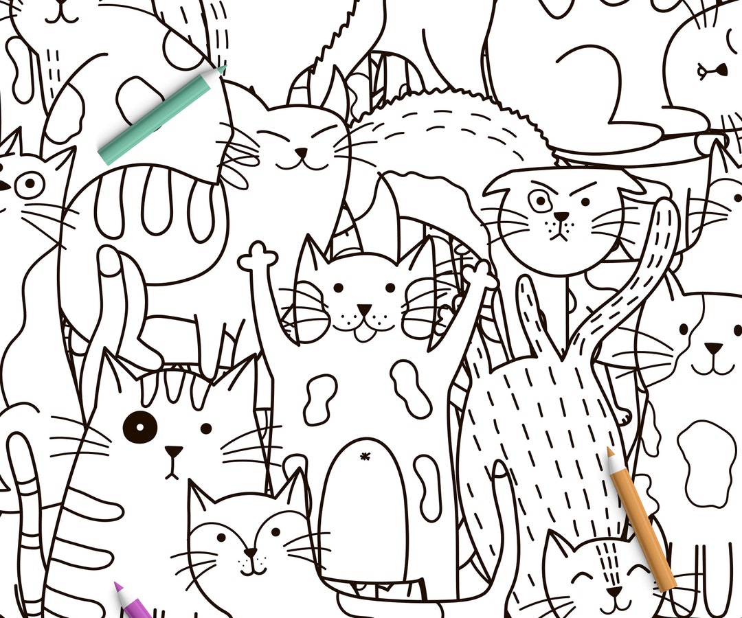 Coloring Book Page With Cats, Printable Coloring Page for Adults and ...