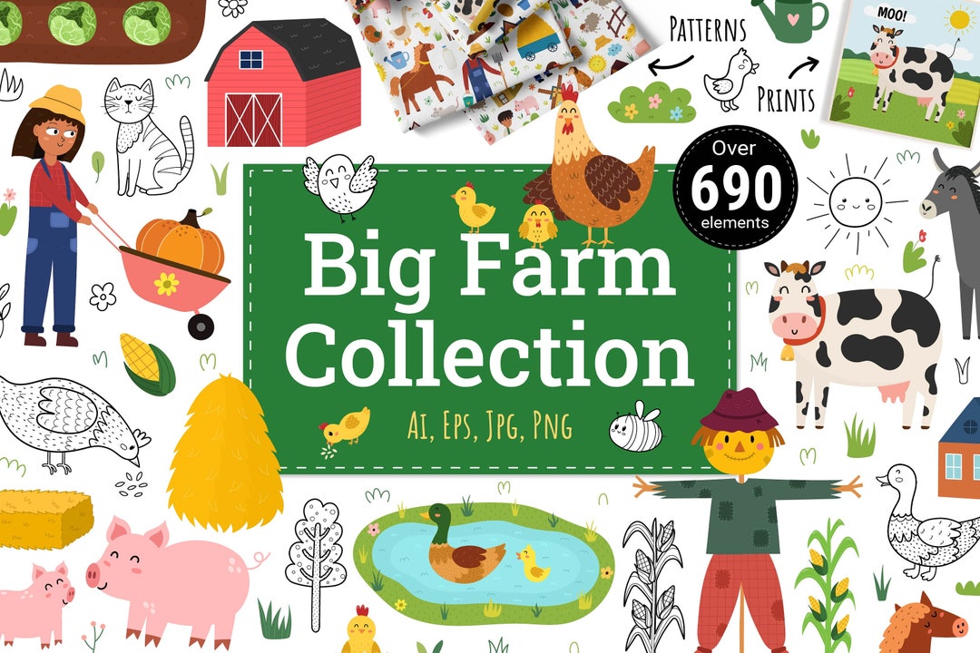 Farm Animals Clipart Bundle, Farm Graphics Set Clip Art in Color and ...