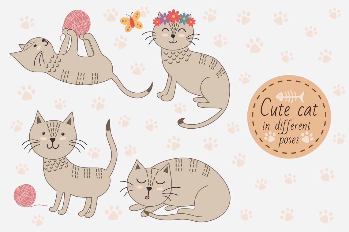 Cat Clipart and Digital Paper Set Png Vector Eps Cute Cats - Etsy