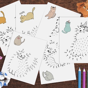6 Printable Dot to Dot Games PDF, Cute Cats, Join the Numbers Drawing ...