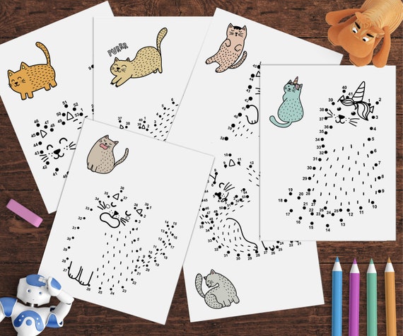 6 Printable Dot to Dot Games PDF Cute Cats Join the Numbers | Etsy