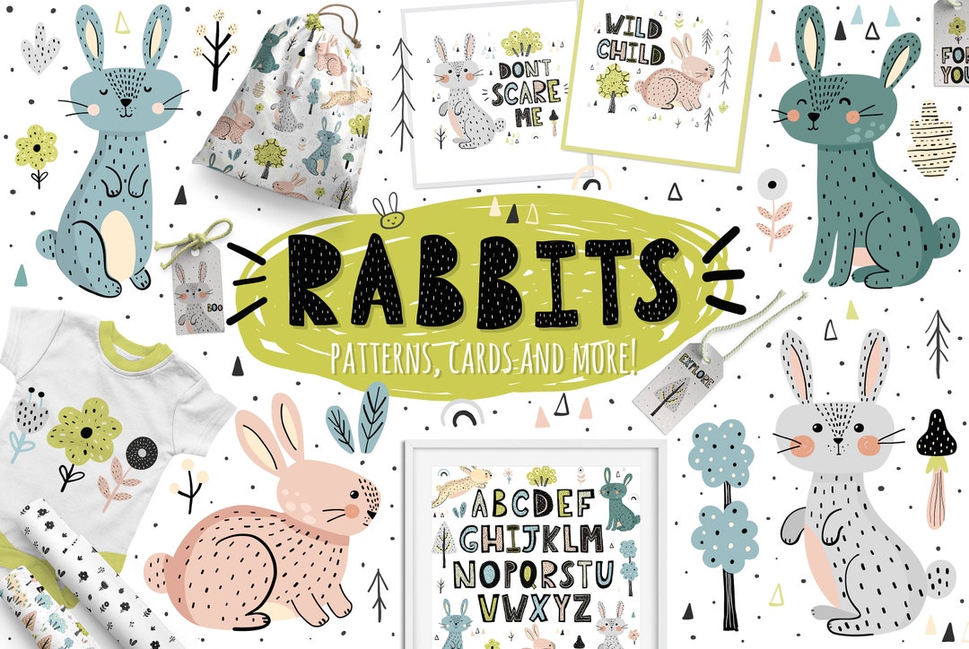 Rabbits Clipart Printable Cards Digital Paper Scandinavian Clip Art ...