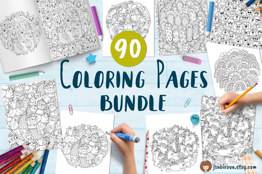 Coloring Book Bundle, 90 Printable Coloring Pages Pdf for Adults and ...