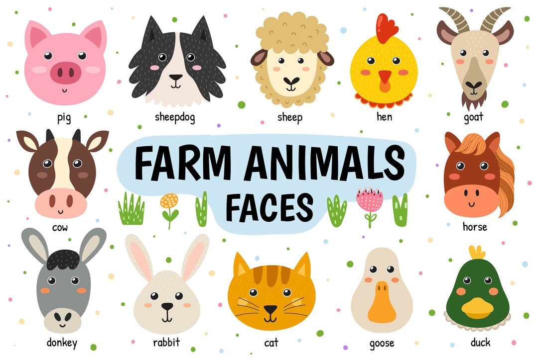 Farm Animal Faces Clipart SVG PNG Eps, Cute Farm Animals Avatars Set ...