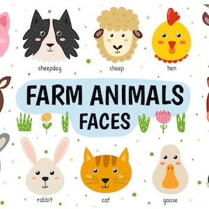 Farm Animal Faces Clipart SVG PNG Eps, Cute Farm Animals Avatars Set ...
