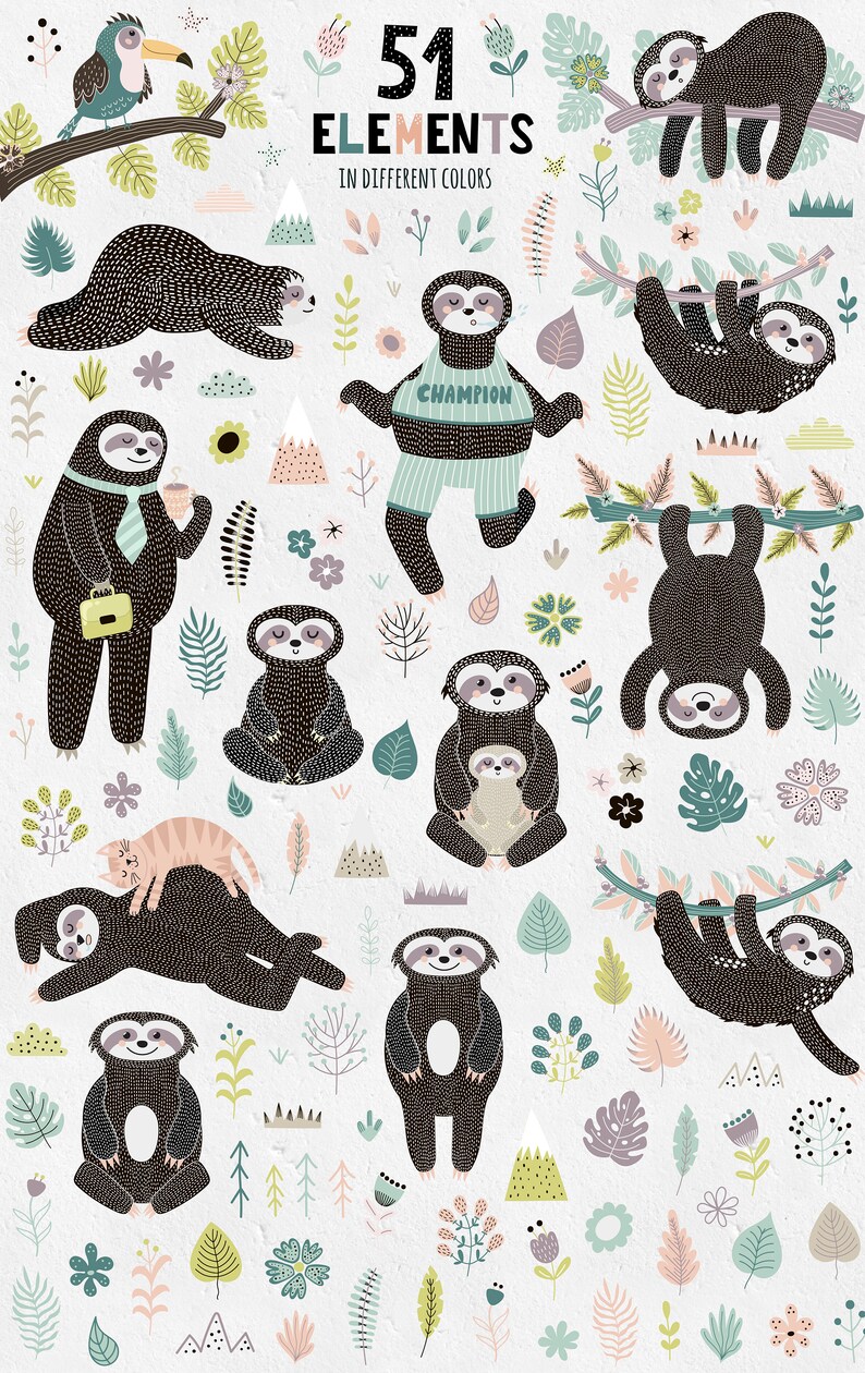 Cute Sloths Clipart / Digital Paper / Animals Graphic Pack / - Etsy