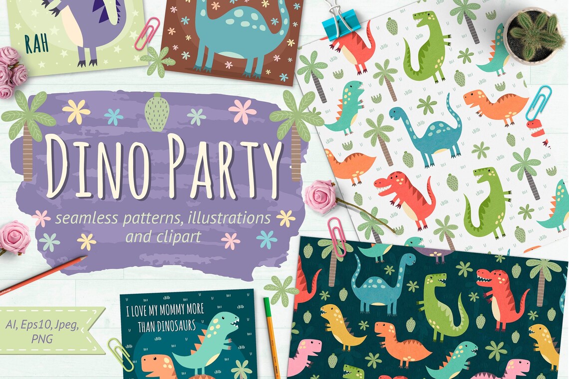 Dinosaur Digital Paper Clipart Cute Dinos Seamless | Etsy