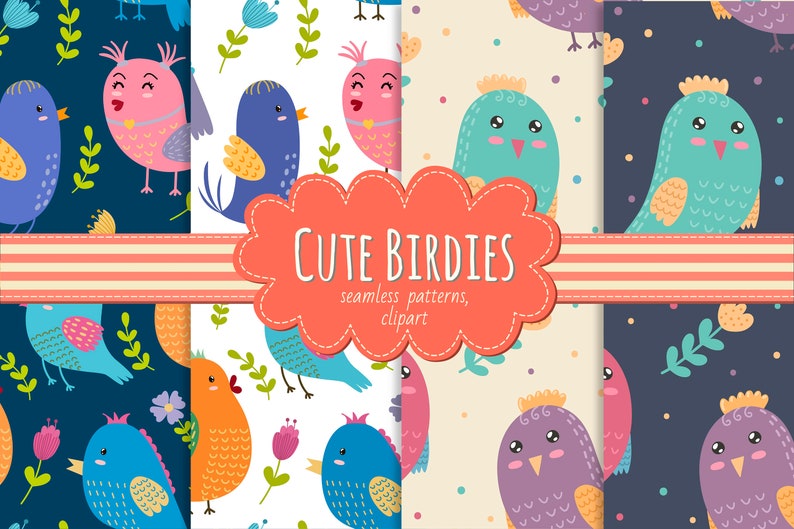 Birds Clipart and Digital Paper - Eps Png Ai - Cute Animals Patterns ...