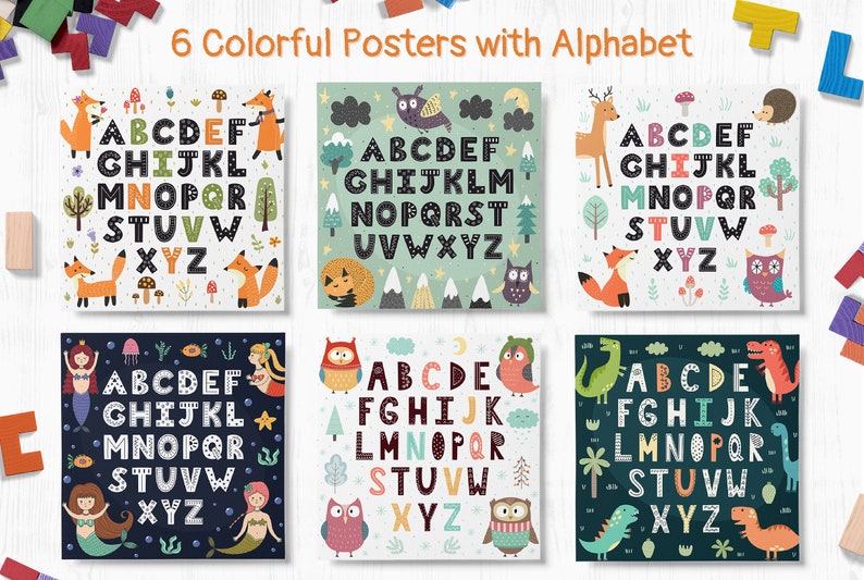 ABC Alphabet Posters Alphabet With Cute Animals Wall Art Nursery Decor ...