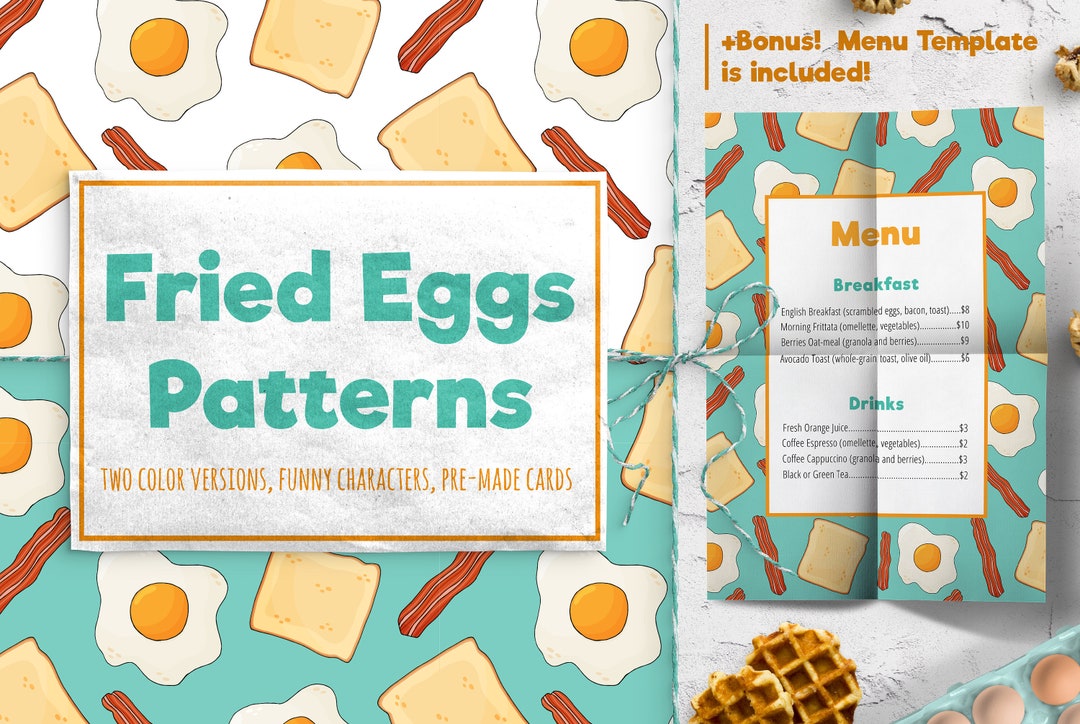 Fried Eggs Digital Paper and Clipart / Food Seamless Patterns, Menu ...