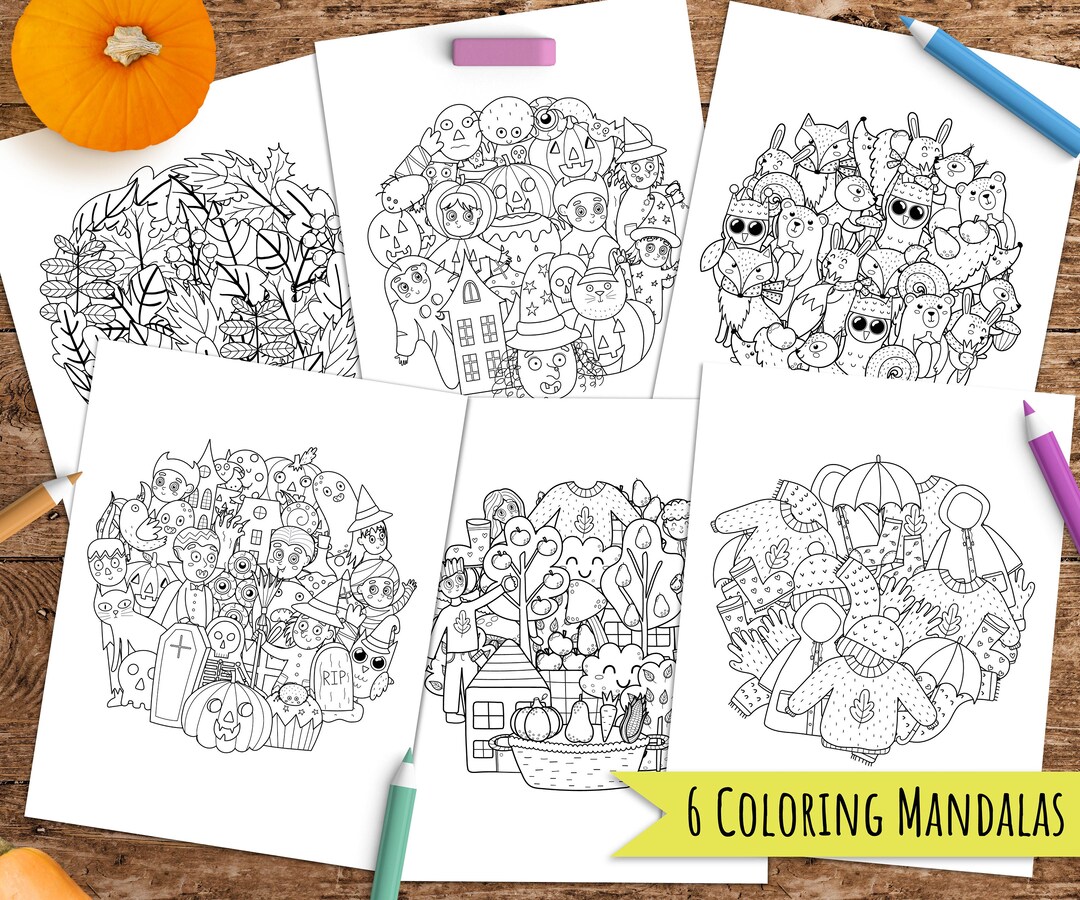 Autumn Halloween Mandala Coloring Book, Circle Shape Printable Coloring ...
