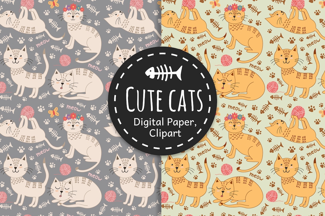 Cat Clipart and Digital Paper Set, Png Vector Eps, Cute Cats Seamless ...