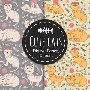 Cat Clipart and Digital Paper Set, Png Vector Eps, Cute Cats Seamless ...