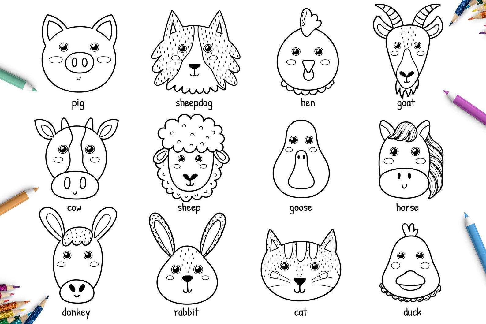 Farm Animal Faces Clipart SVG PNG Eps Cute Farm Animals - Etsy
