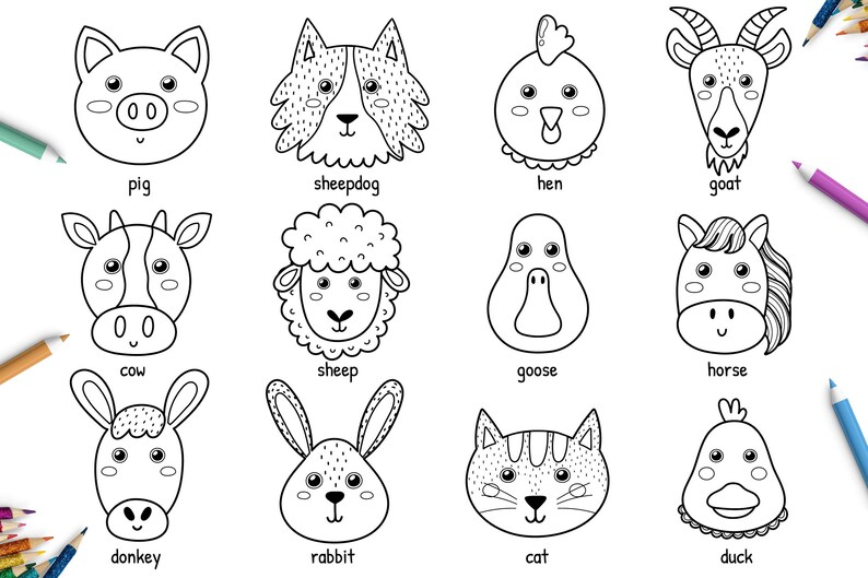 Farm Animal Faces Clipart SVG PNG Eps, Cute Farm Animals Avatars Set ...