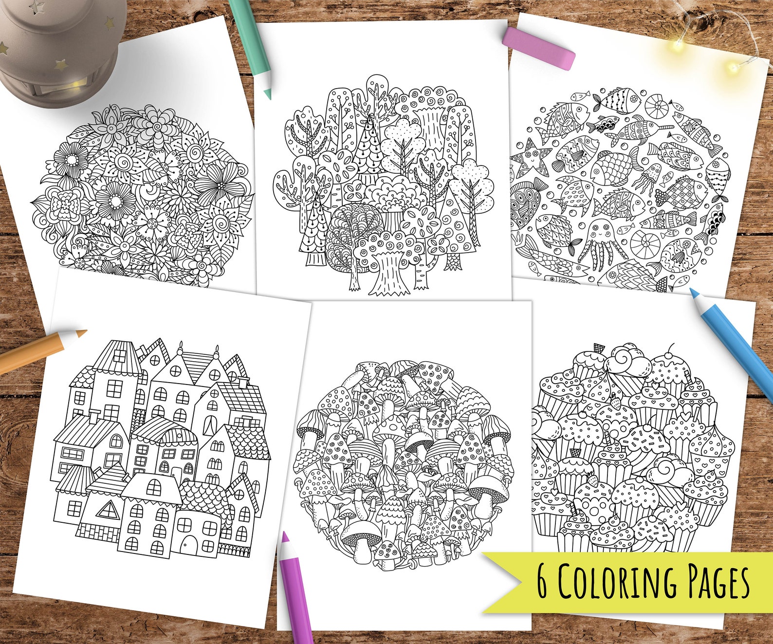 6 Printable Coloring Pages A4 Doodle Coloring Book for Adults - Etsy