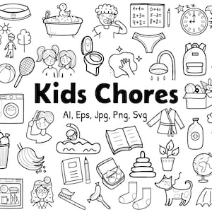 Kids Chores Clipart, Daily Routine Icons in Color and in Outline, chore ...